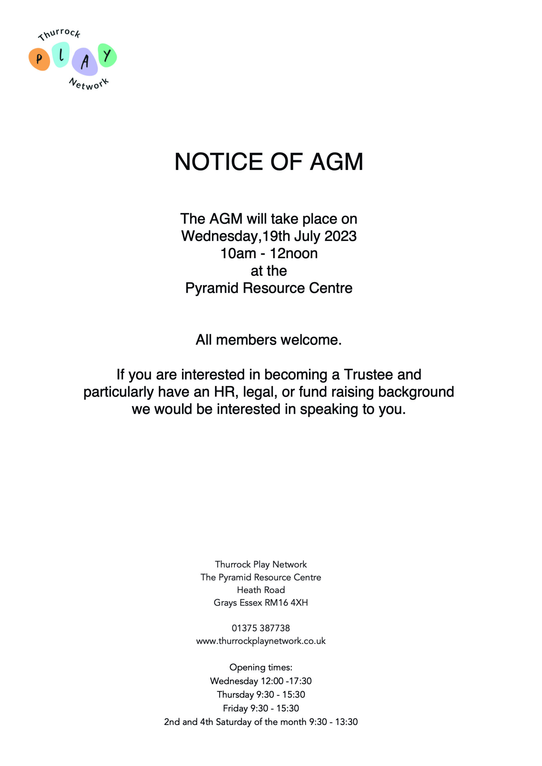 Notice of AGM 2023 - Thurrock Play Network